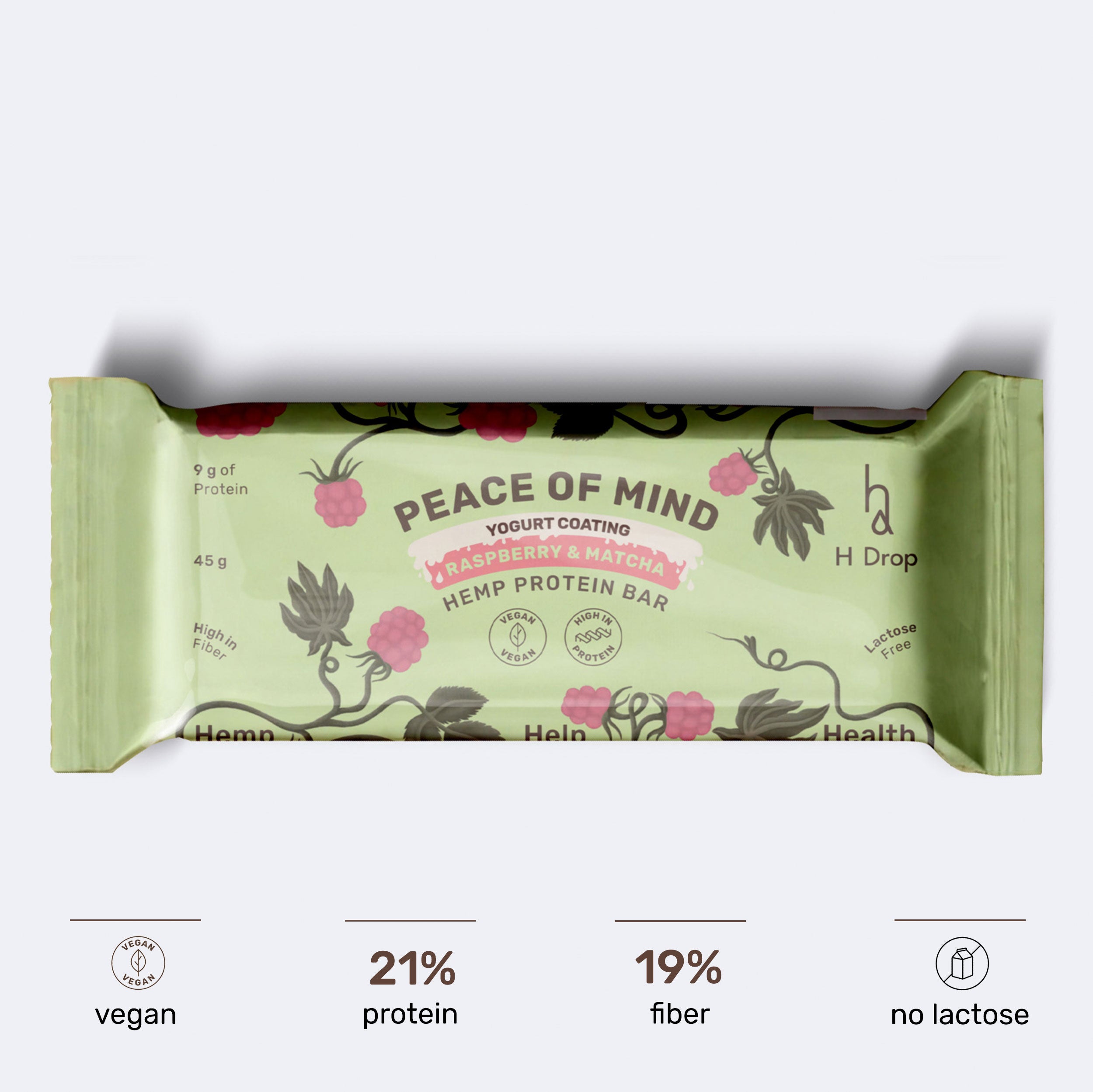 Peace of Mind - hemp protein bar with raspberries and matcha in yogurt ...